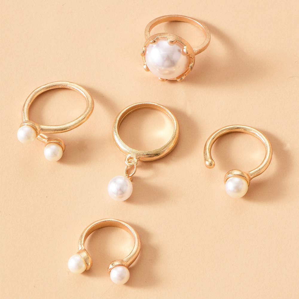 Xerling 5 Pcs Women Girls Pearl Open Ring Gold Knuckle Stackable Joint Finger Rings Sets Bohemian Trendy Ring