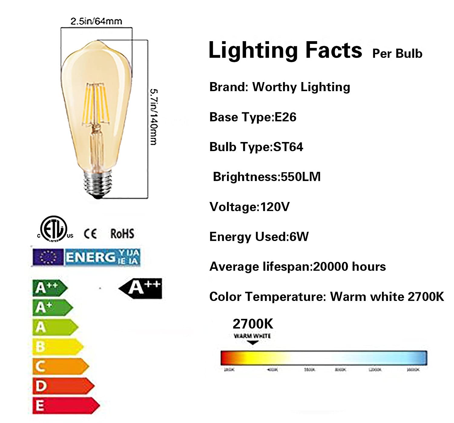 ZYCYLIGHT Dimmable Led Bulb, 6w LED Edison Bulb, 6W Vintage LED Filament Light Bulb, St64 Led Bulb,2400-2700K (Amber Glow),e26 /e27 Base, Amber Glass Cover, 10 Pack