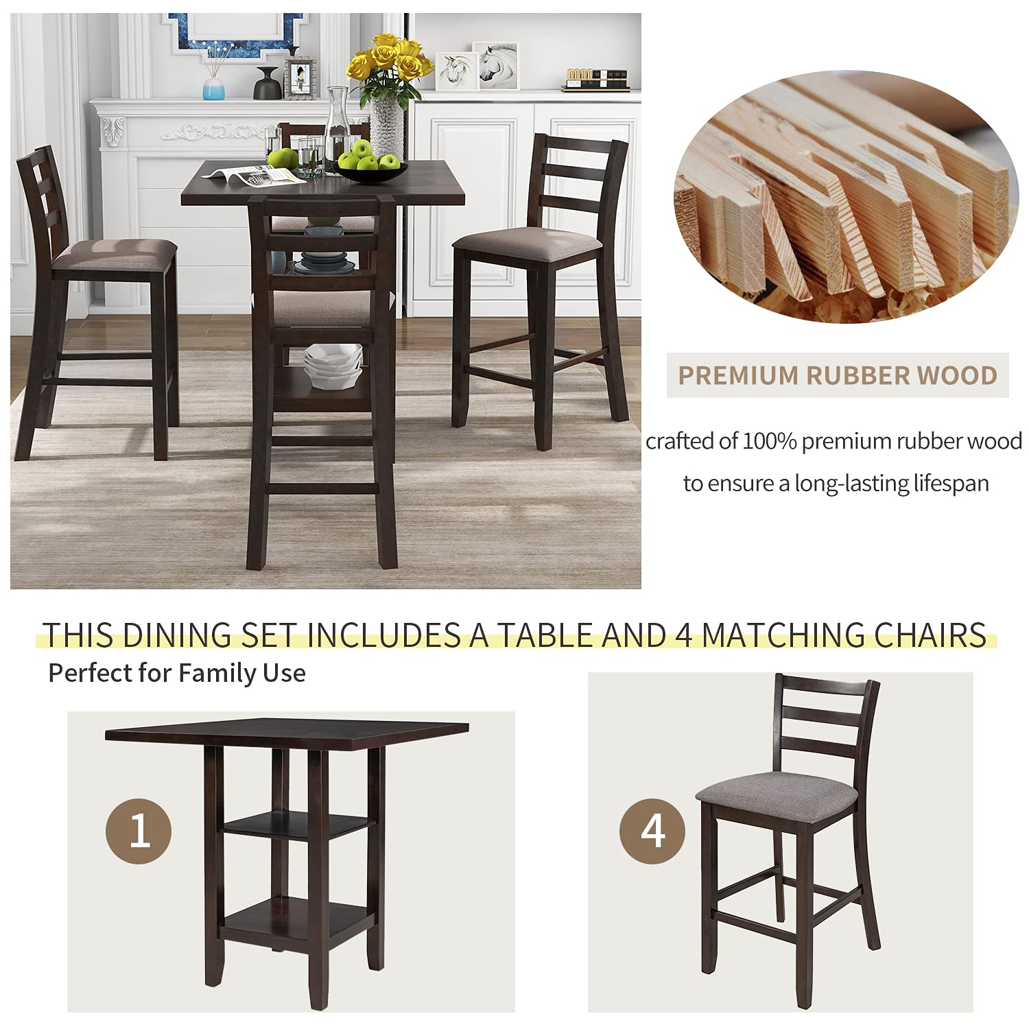 RUNWON 5 Piece Extendable Dining Set for 4,Retro Style Kitchen Furniture with Round Table and 4 Upholstered Chairs, Espresso