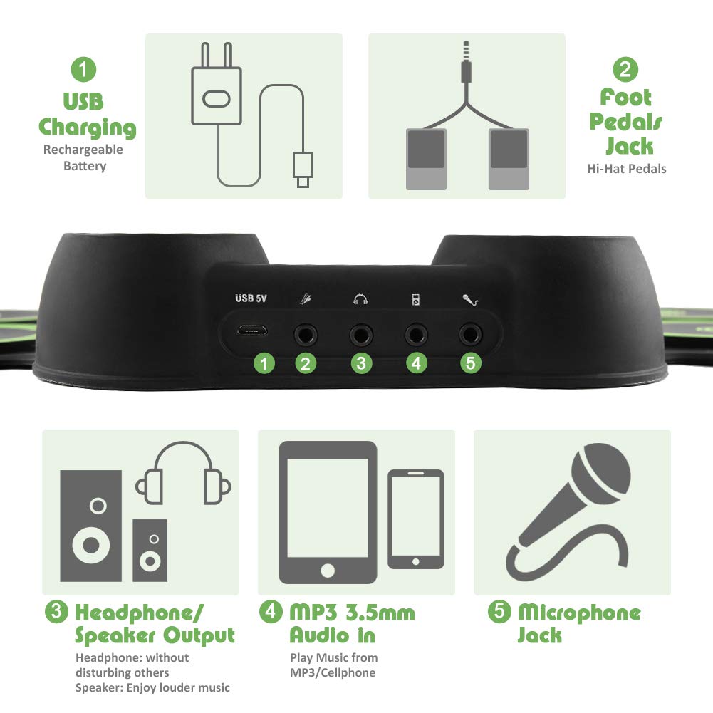 YISSVIC Electronic Drum Set Electric Drum Set 9 Drum Pads Rechargeable Battery Roll Up Drum Portable with Headphone Jack Built-in Speaker Green