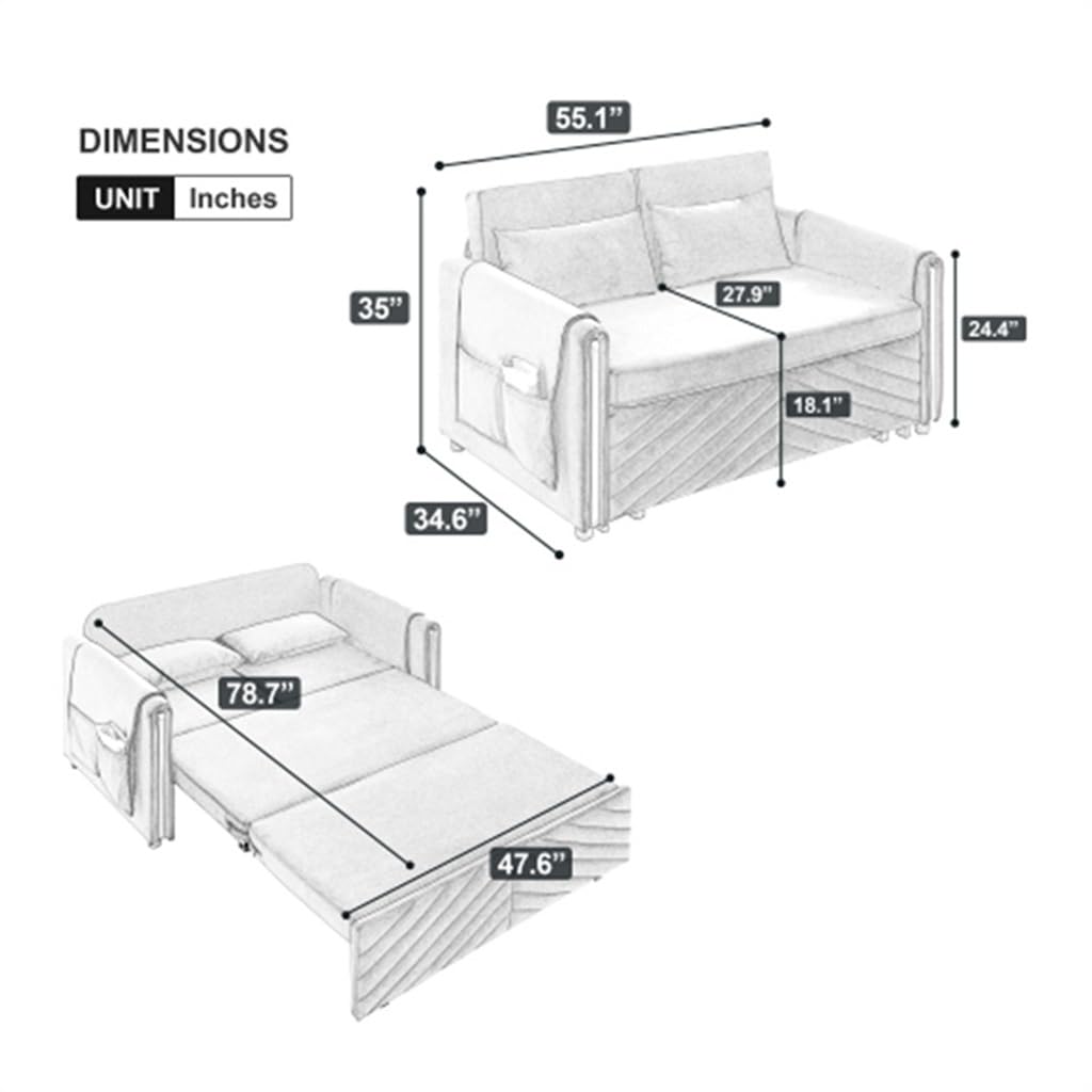 SLNFXC 3-in-1 Convertible Sleeper Sofa, 55" Pull Out Couch for Living Room, Multi-Functional Velvet Loveseat Futon Bed