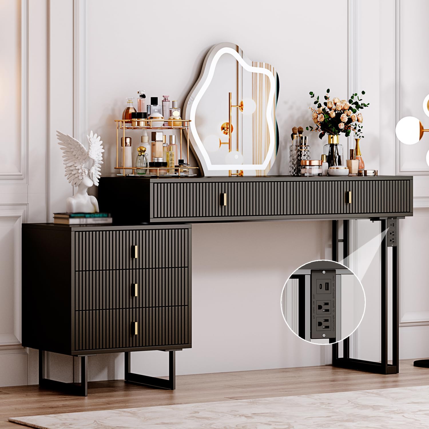 sbdmirau White,large Vanity Desk with 3 Color Touch Screen Dimming Mirror, Modern Retractable Makeup Dressing Table with Adjustable Cabinet and 5 Sliding Drawers,Vanity Table Set,Writing Desk Bedroom