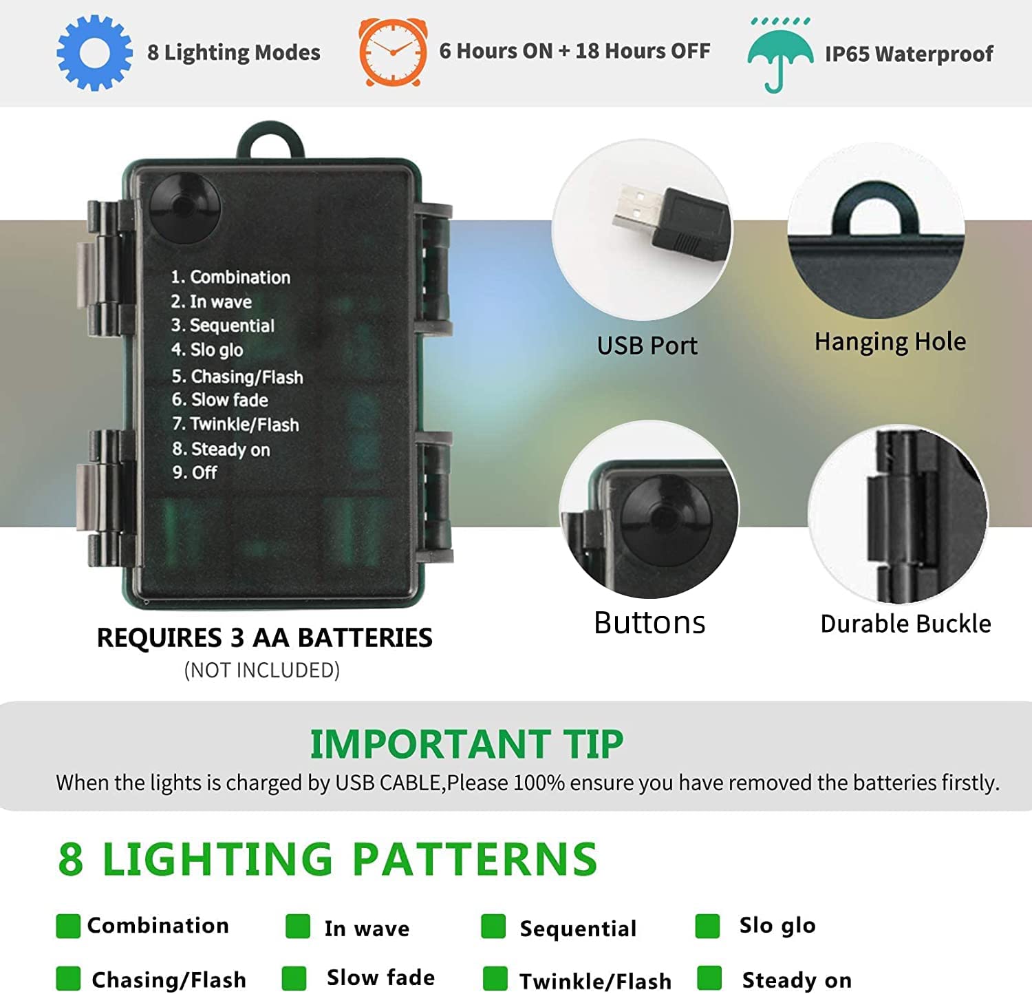 Tcamp Christmas Lights 33ft 100LED Outdoor Indoor Christmas String Lights with Remote Timer, USB or Battery Powered Waterproof 8 Modes Fairy Lights for Christmas Tree Wreath Party Decor (White)