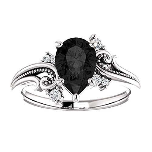 Vintage Filigree Black Pear Ring White Gold Finish, Floral Pear Onyx Black Simulated Diamond Engagement Ring, Woodland Black Tear Drop Proposal Ring, Twig Leaf Ring (7)