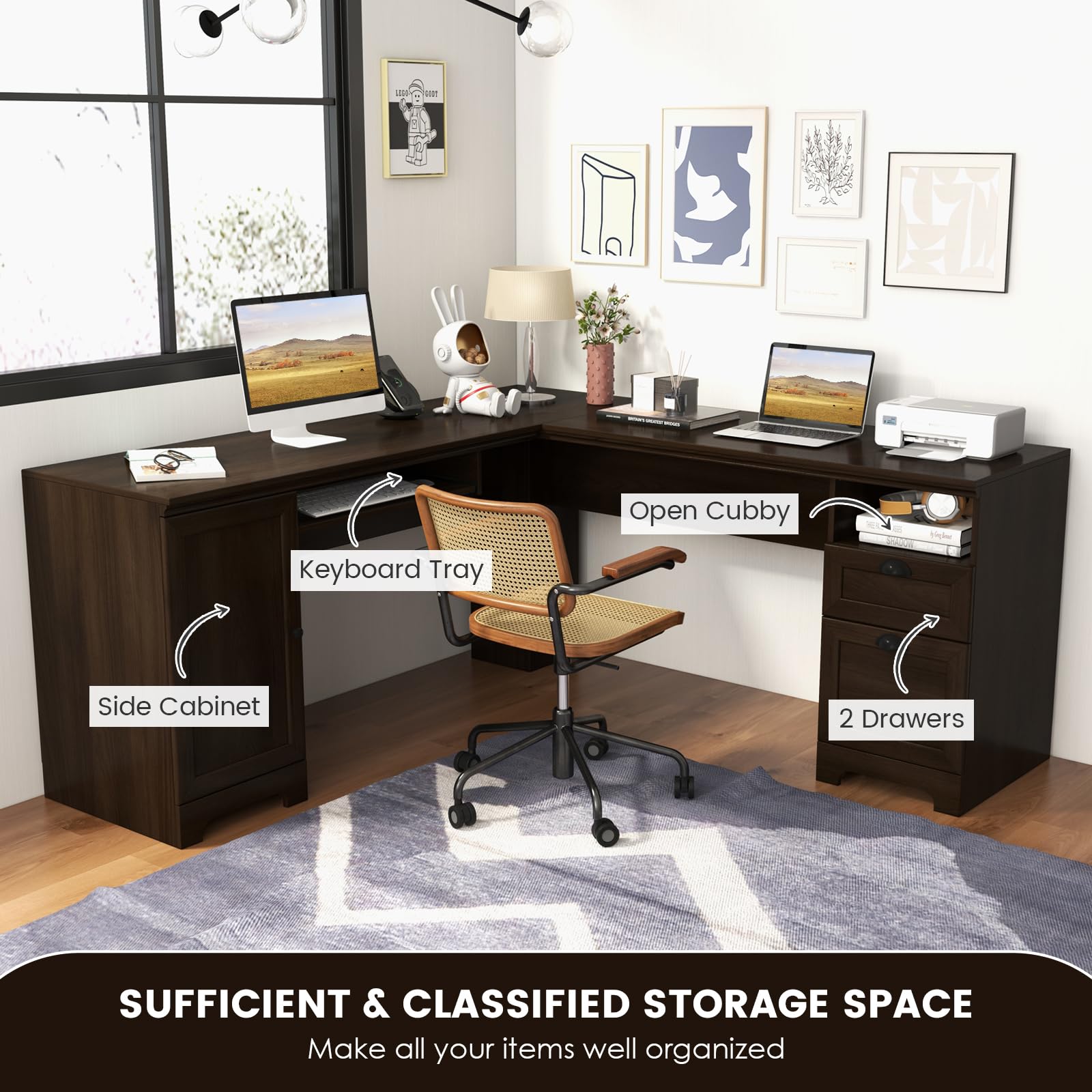 Tangkula L-Shaped Desk, 66" × 66" Corner Computer Desk with Drawers and Storage Shelf, Home Office Desk, Sturdy and Space-Saving Computer Workstation, Black