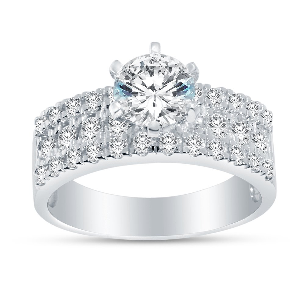 Sonia Jewels Size - 5-14k White Gold Round Wide 3 Row Pave Set Bridal Engagement Ring & Wedding Band CZ Cubic Zirconia (2.50cttw., 1.0ct. Center)