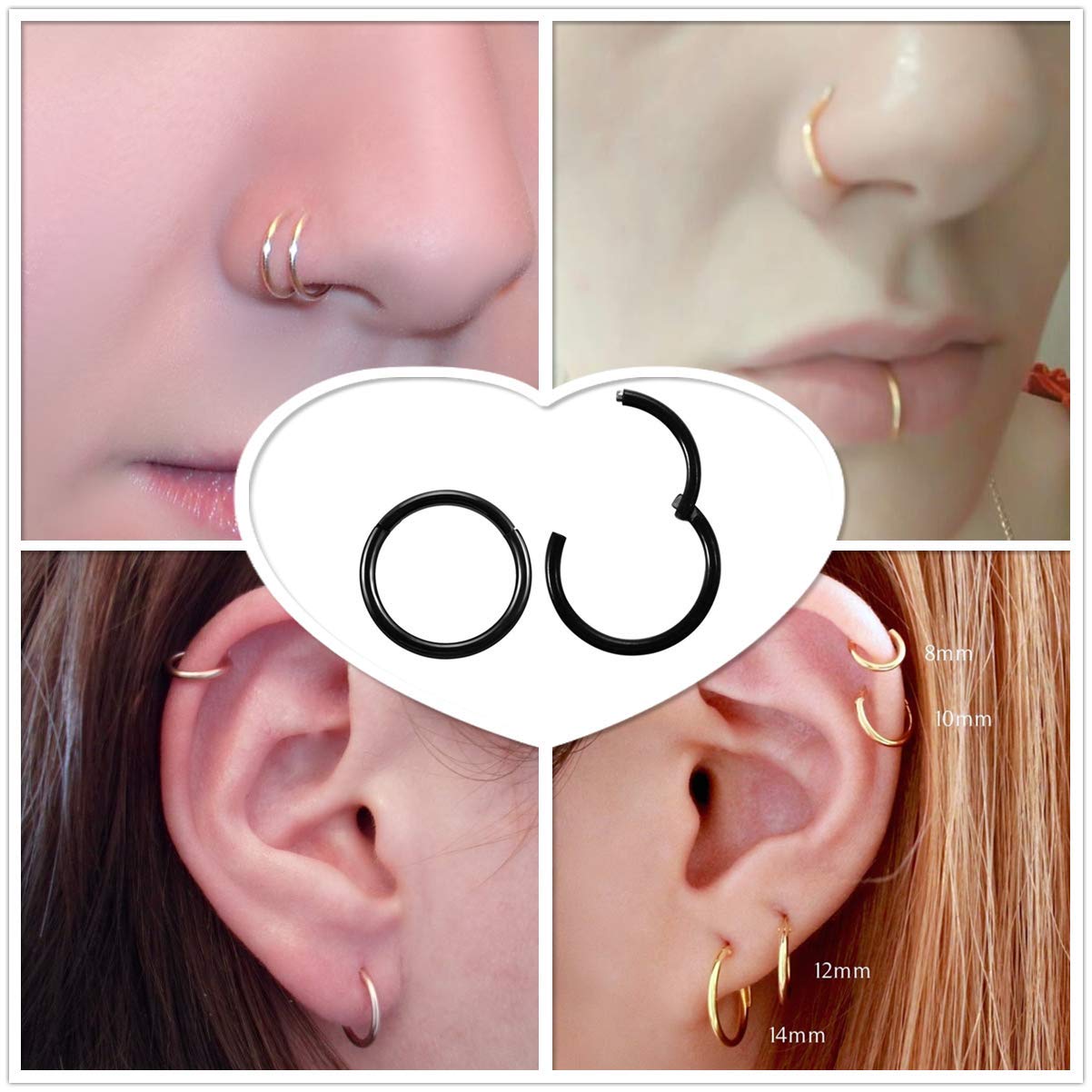 Stainless Steel 16G Seamless Hinged Hoop Nose Ring 8mm Cartilage Tragus Lip Snug Body Piercing Jewelry