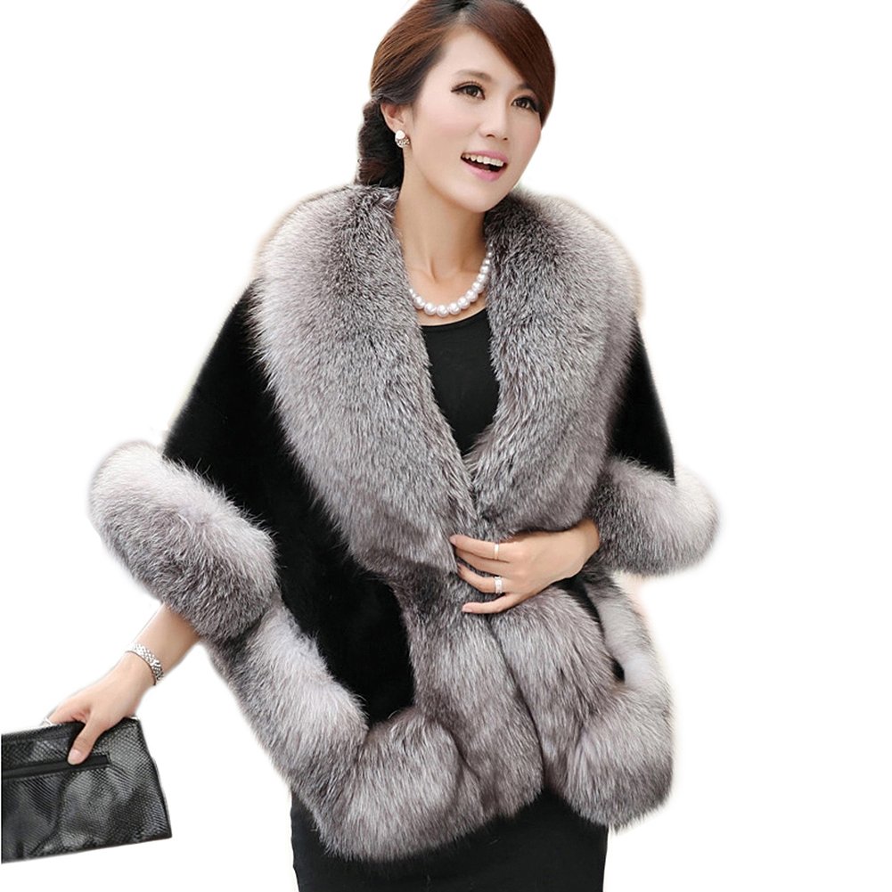 Roniky Women's Faux Fur Coat Wedding Cloak Cape Shawl for Evening Party