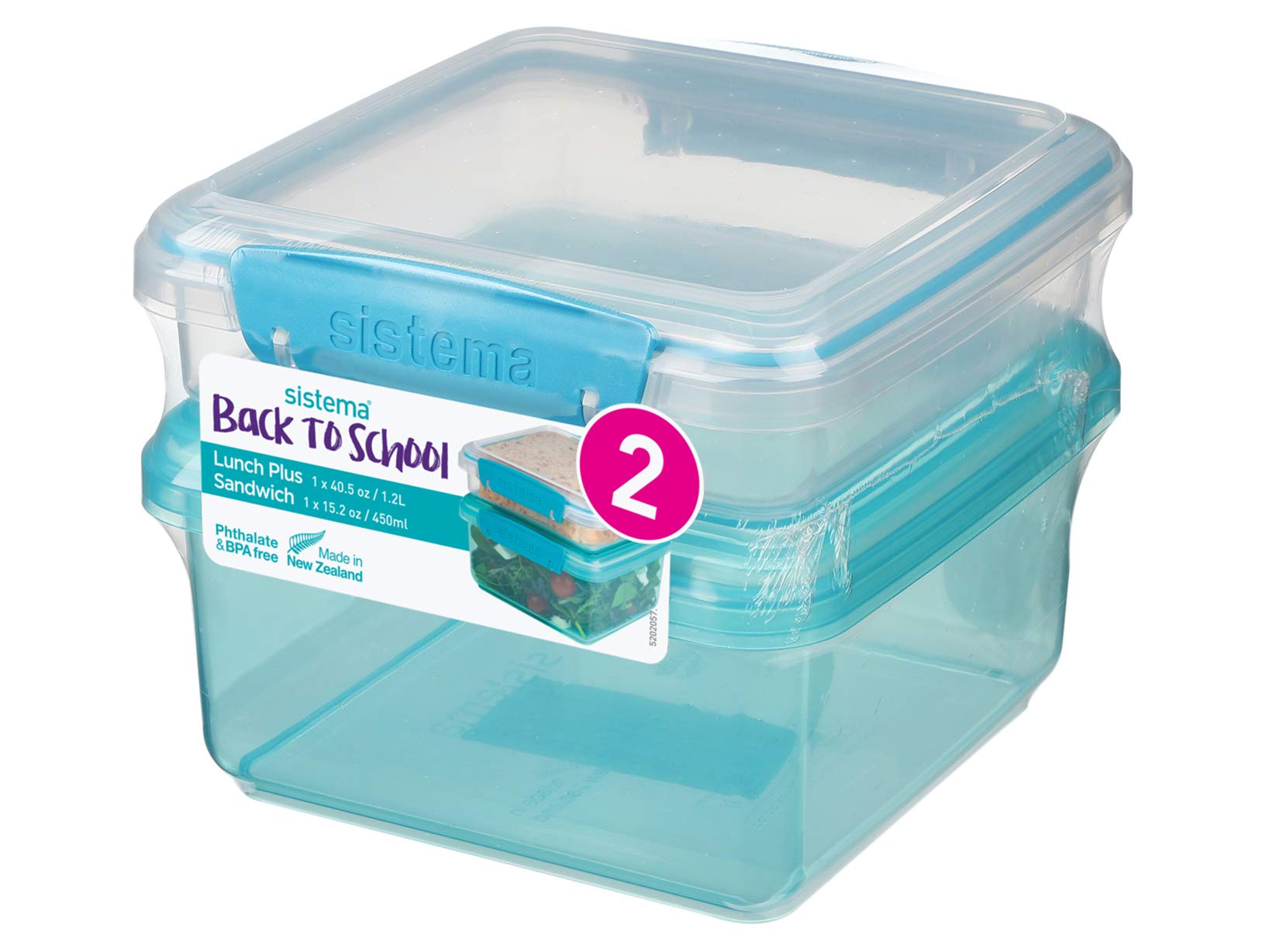 Sistema 16542 Pack of 2 to Go Assorted Colours Square Shape Storage Set Consists 1.2 litres and 1 Container of 450 ml, Polypropylene