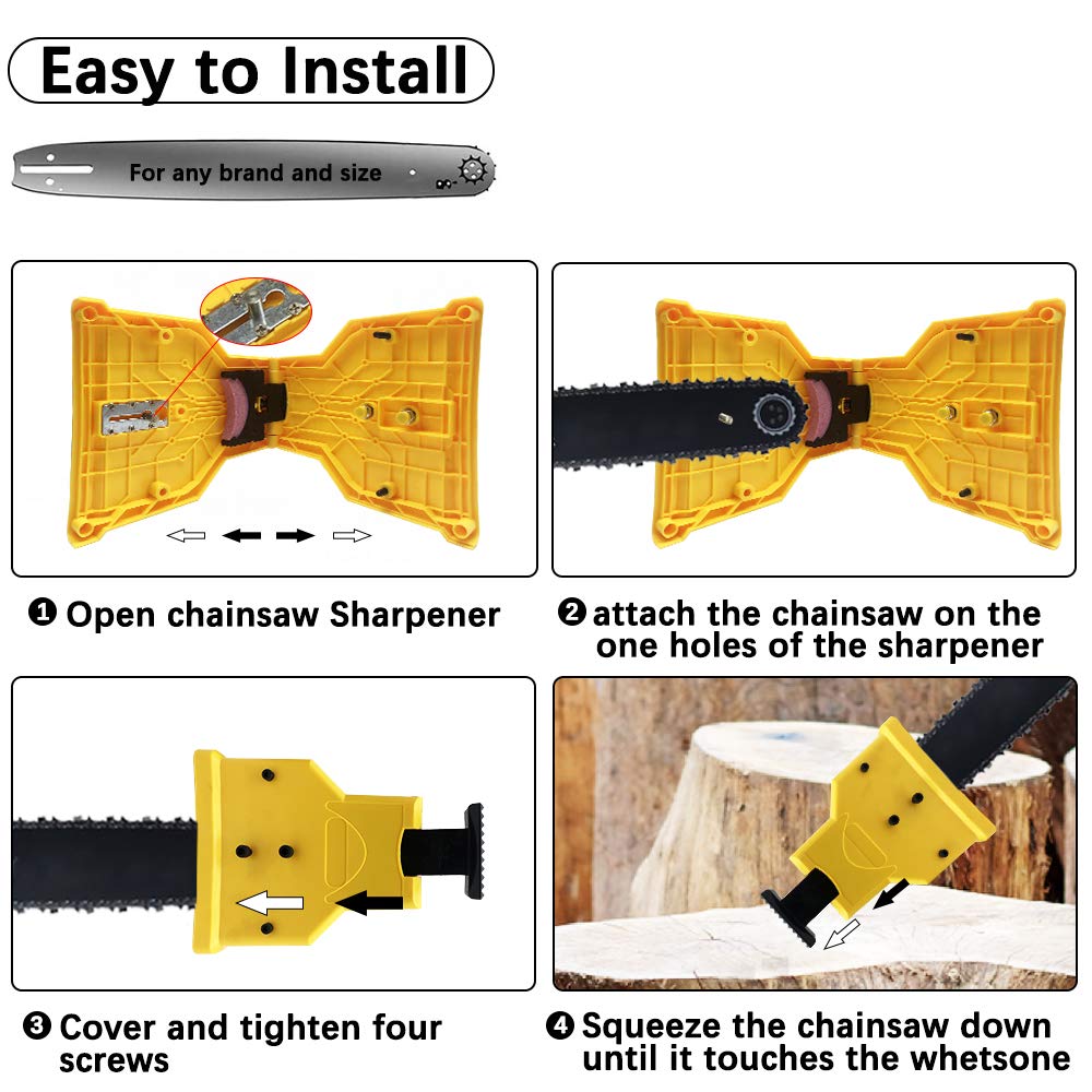 XBUTY Chainsaw Sharpener, The Second Generation New Portable Chain Saw Blade Teeth Sharpener with 4 Pcs Fast-Sharpening Stone Grinder Tools for 14/16/18/20 Inch One/Two/Nonporous Holes (Yellow)