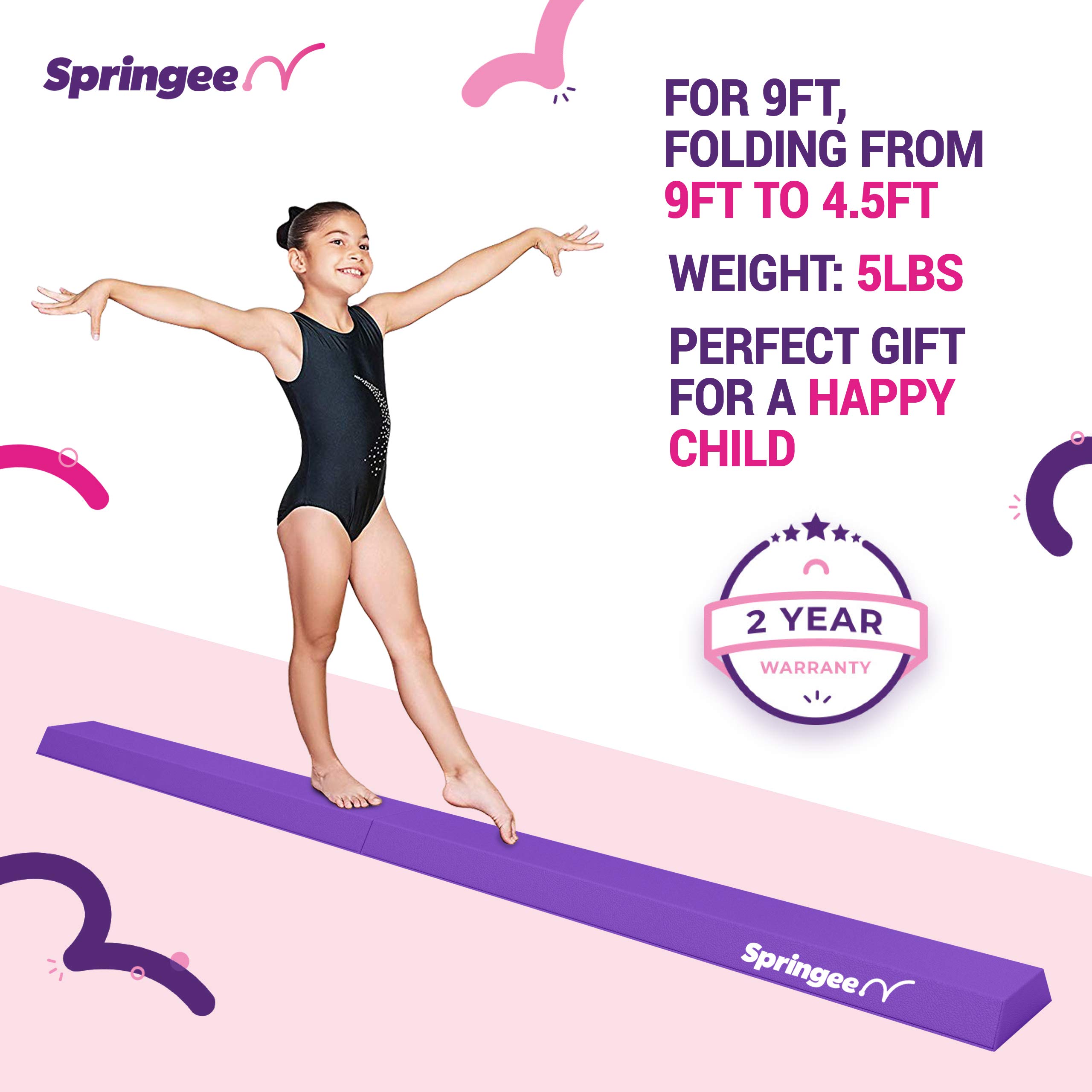 Springee 9ft Balance Beam - Extra Firm - Vinyl Folding Gymnastics Beam for Home (Purple)