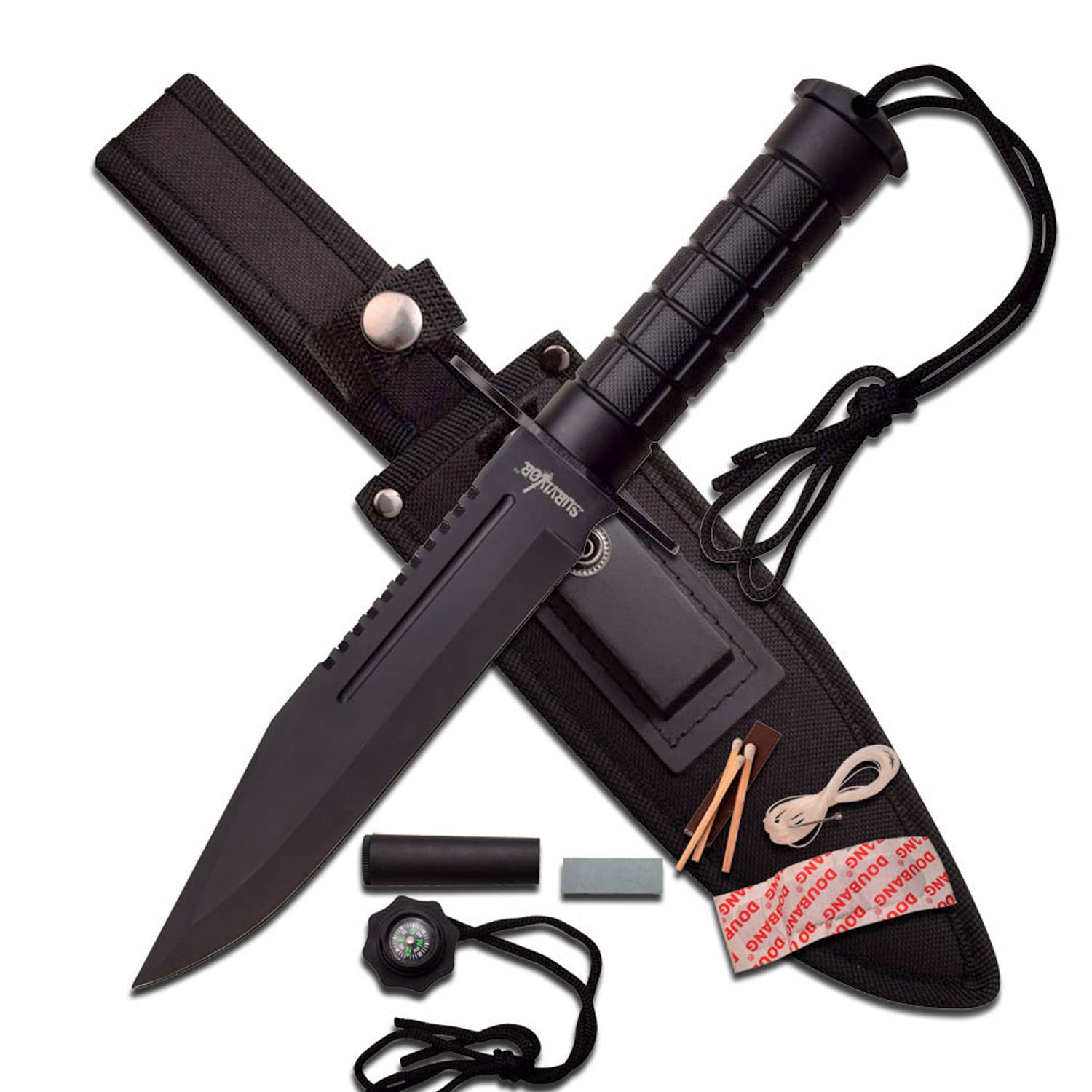 Survivor β Fixed Blade Knife β Black Stainless Steel Blade, Black ABS Handle w/ Survival Kit and Compass, Metal Pommel, Nylon Sheath β Prep, Survive, Thrive, Camping, Hunting, Outdoors β HK-793BK