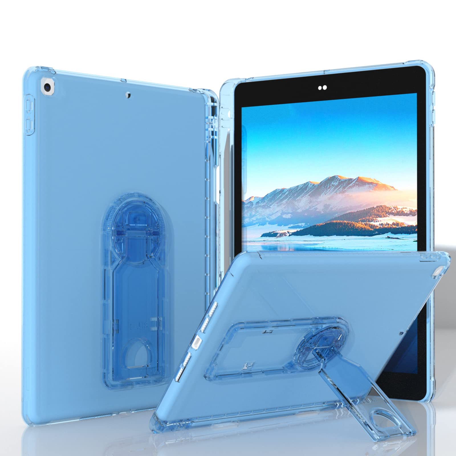 SPIUST for iPad 9th 8th 7th Generation Case Clear with Soft TPU,Built-in Pencil Holder &360 Degree Rotato Kickstand, Corner Protection Shockproof Rugged Case for iPad 10.2 inch Gen- Light Blue