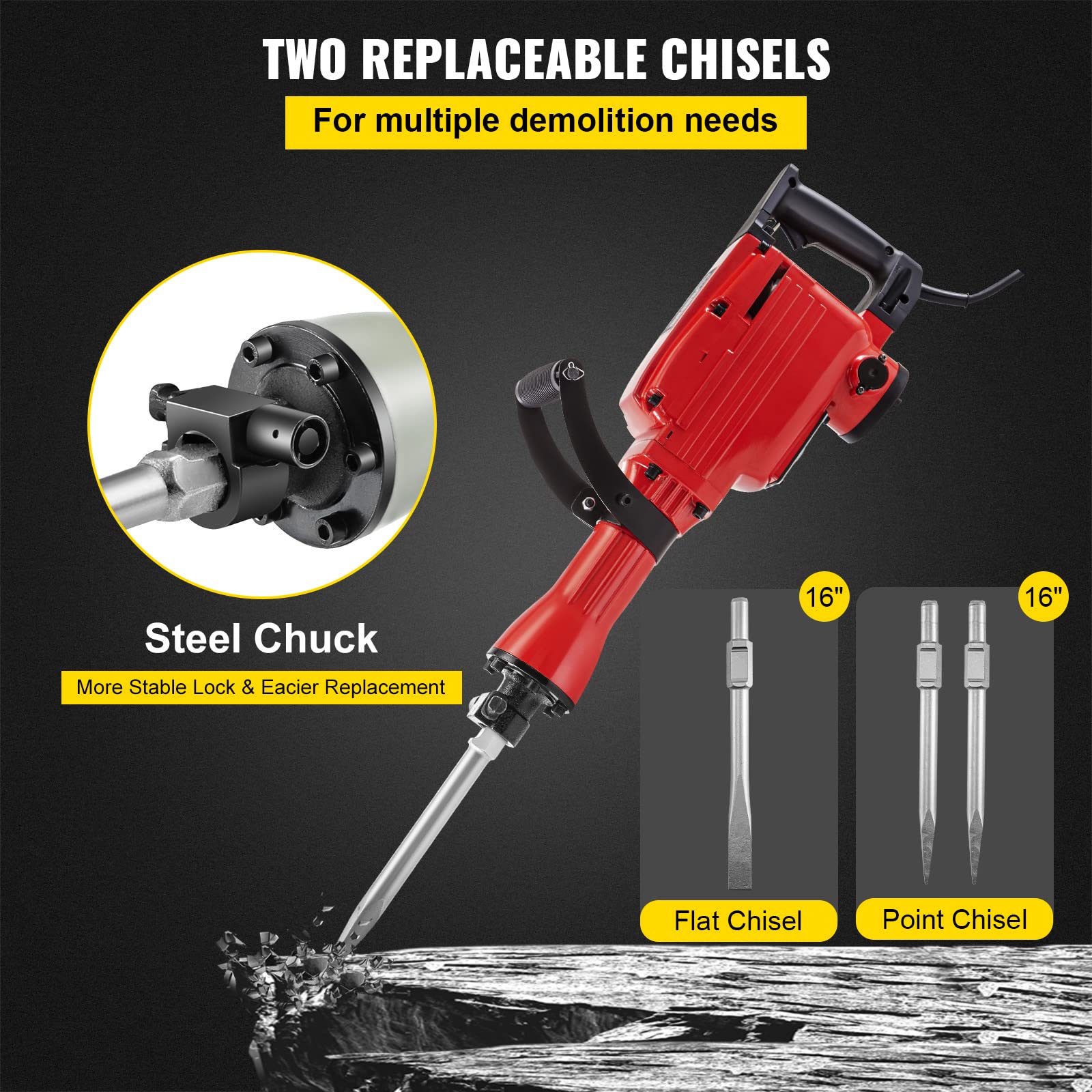 VEVOR Demolition Jack Hammer Jack Hammer Concrete Breaker 1200 BPM Heavy Duty Electric Jack Hammer 3 Chisel Bit W/Gloves & 360° Swiveling Front Handle for Trenching, Chipping, Breaking Holes