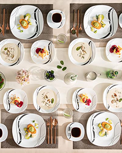 VEWEET Fionaglas 30-Piece Dinnerware Set Ivory White Opal Glassware, Break Resistant Dinner Sets with Dessert Plates/Soup Plates/Dinner Plates/Cups/Saucers Service for 6