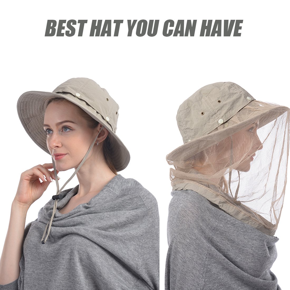 USHAKE Head Net Hat, Safari Hat Sun Hat Bucket Hat with Hidden Net Mesh Khaki