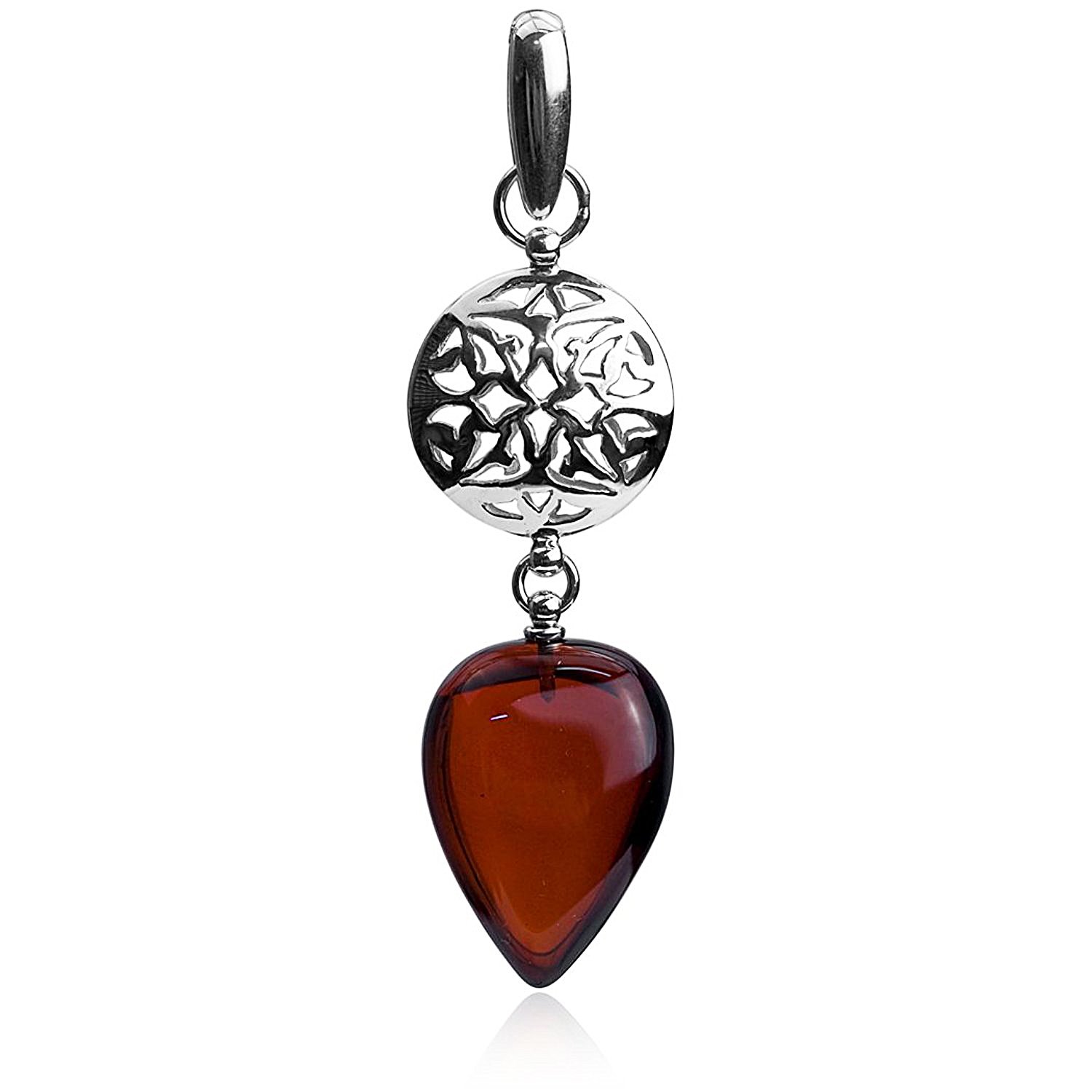 Sterling Silver Red Dark Amber Tear Drop Pendant