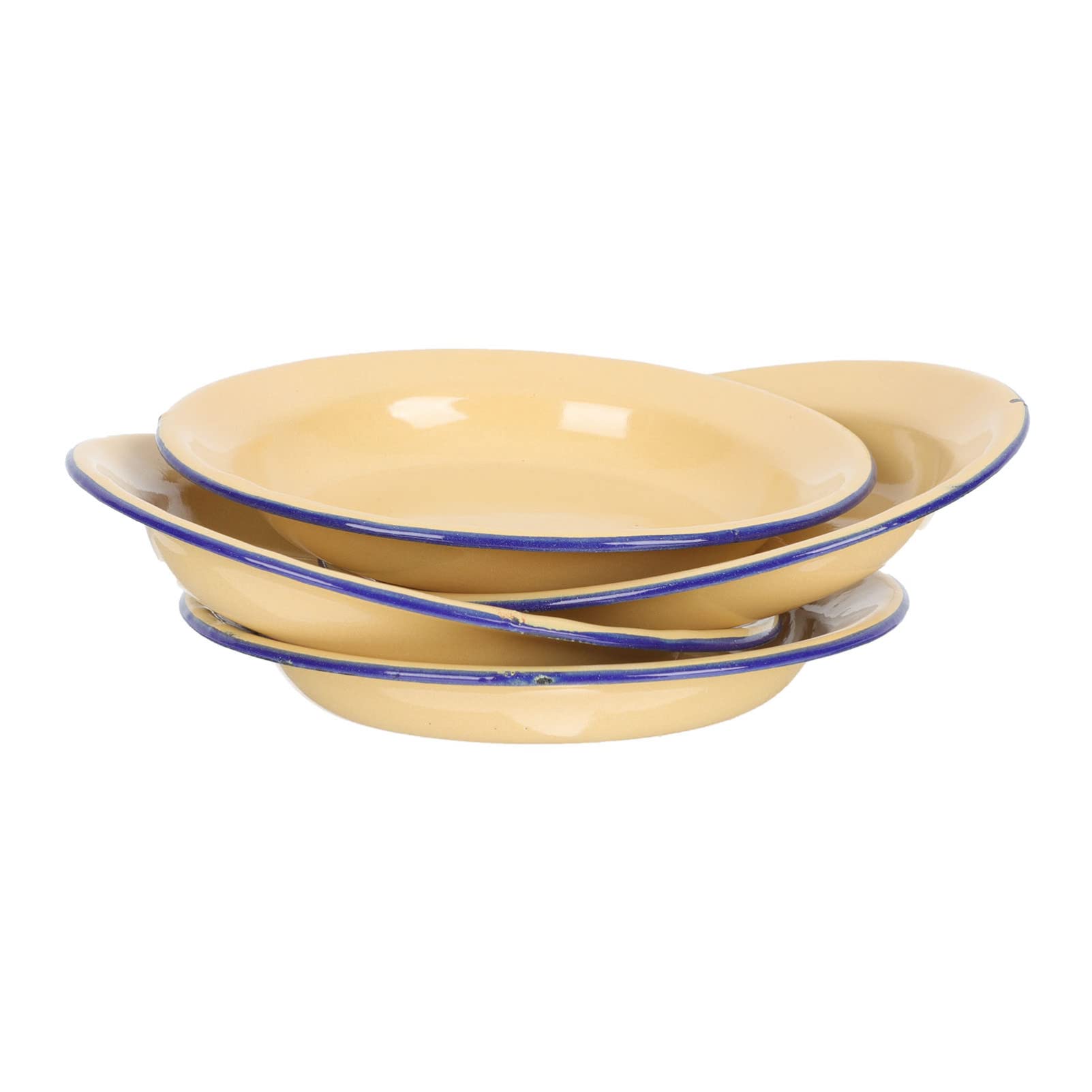 Yardwe Enamel Plate, 4PCS Enamelware Dinner Plate Serving Platter Tray, Retro Yellow Round Shallow Bowls with Blue Rim for Pasta, Salad- Durable and Reusable