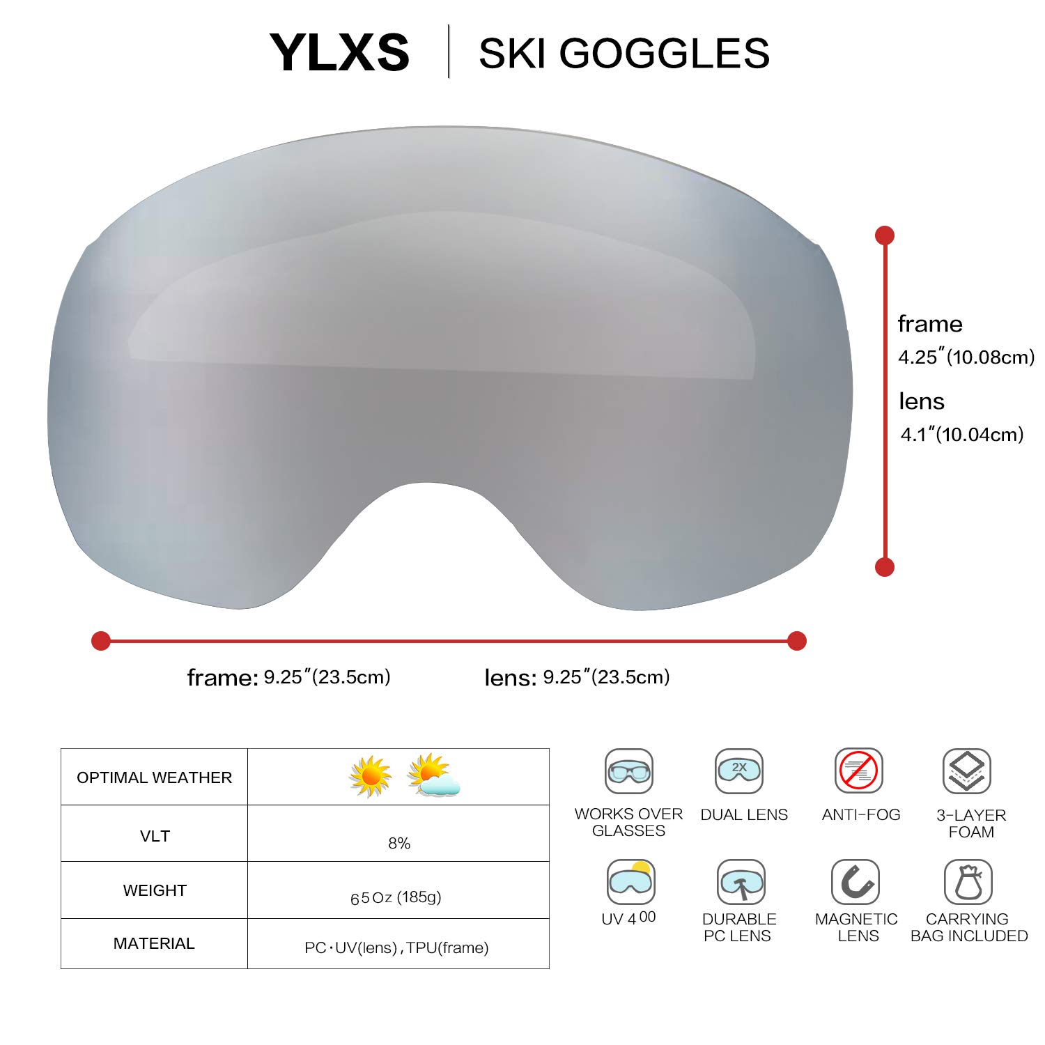 YLXS Ski Goggles Snowboard Frameless OTG Snow Goggles Spherical Interchangeable Magnetic Lenses Anti-Fog UV400 Men Women