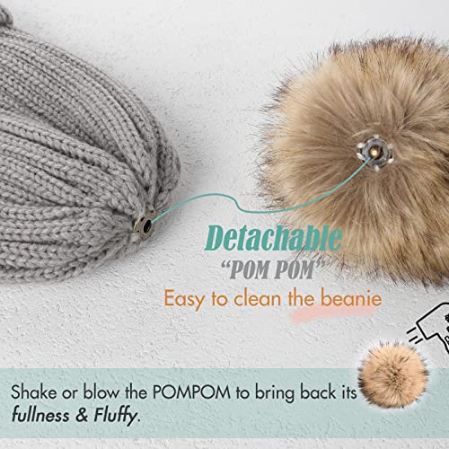 FURTALK Womens Beanie Satin Lined Knitted Beanie with Pom Winter Hats for Women (Grey)