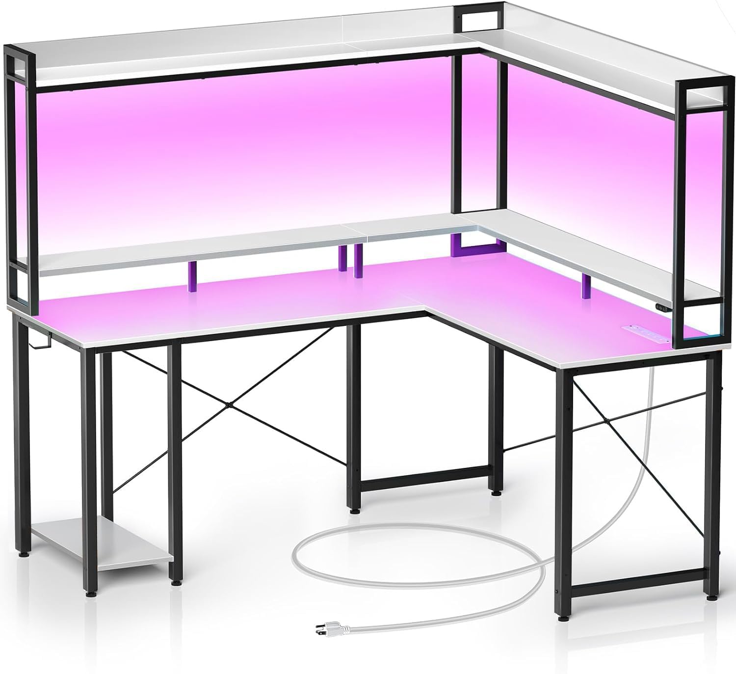 Rolanstar Computer Desk with Hutch & Storage Shelves, Gaming Desk with LED Lights & Power Outlets, L Shaped Desk, Corner Desk Home Office Desks, White
