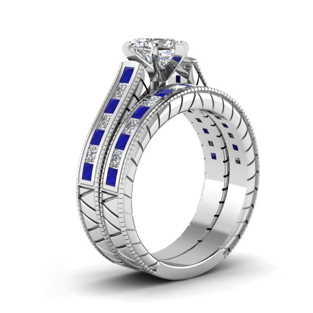 Ringcrown Blue Cz Couple Rings White Gold Filled Heart Womens Wedding Ring Sets Titanium Steel Man Wedding Band