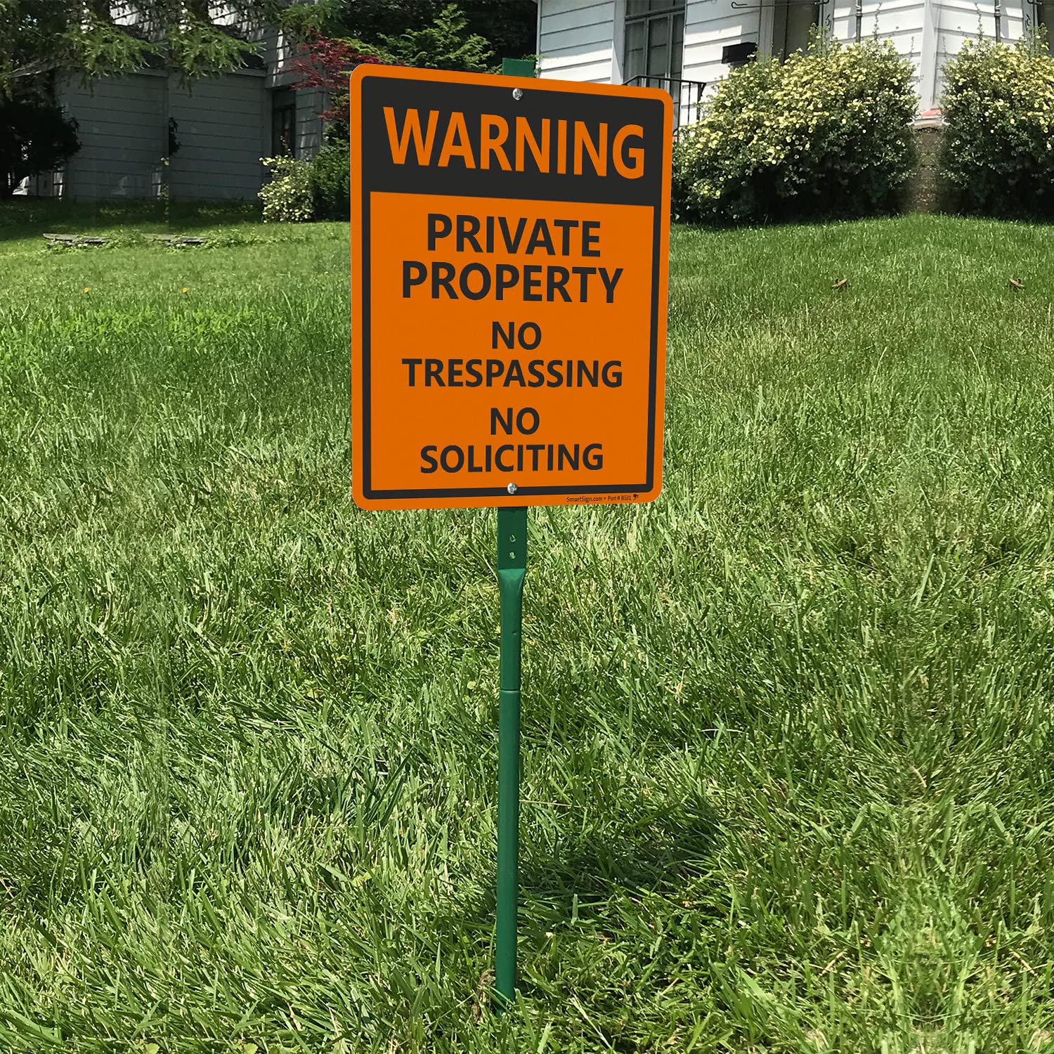 SmartSign "Warning - Private Property, No Trespassing, No Soliciting" LawnBoss® Sign | 10" x 12" Aluminum Sign With 3' Stake