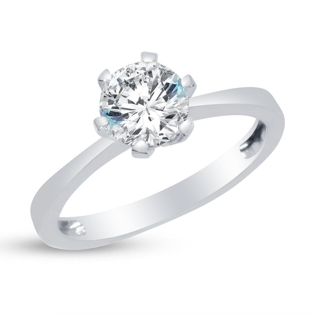 Size - 7 - Solid 14k White Gold Round Cut Thick Six Prong Solitaire Wedding Engagement Ring CZ Cubic Zirconia 1.0ct.