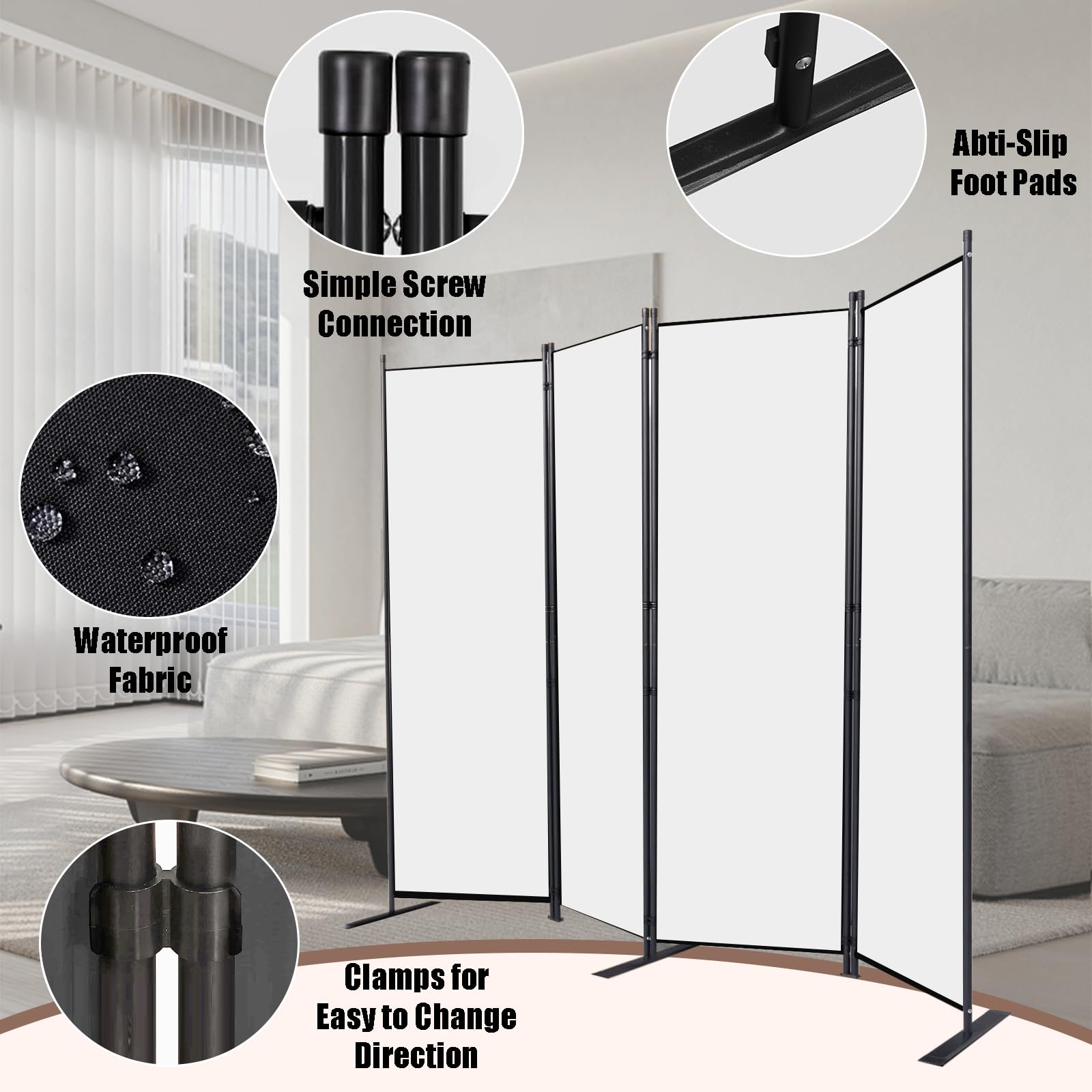 Room Dividers Folding Privacy Screens 4 Panel Partition Screen Steel Frame& Frabic Office Partition for Home Office Dorm (WHI)