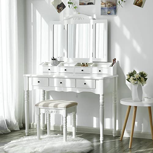 VASAGLE Vanity Set, Tri-Folding Necklace Hooked Mirror, 7 Drawers, 6 Organizers Makeup Dressing Table with Cushioned Stool Easy Assembly, for Women White URDT06M