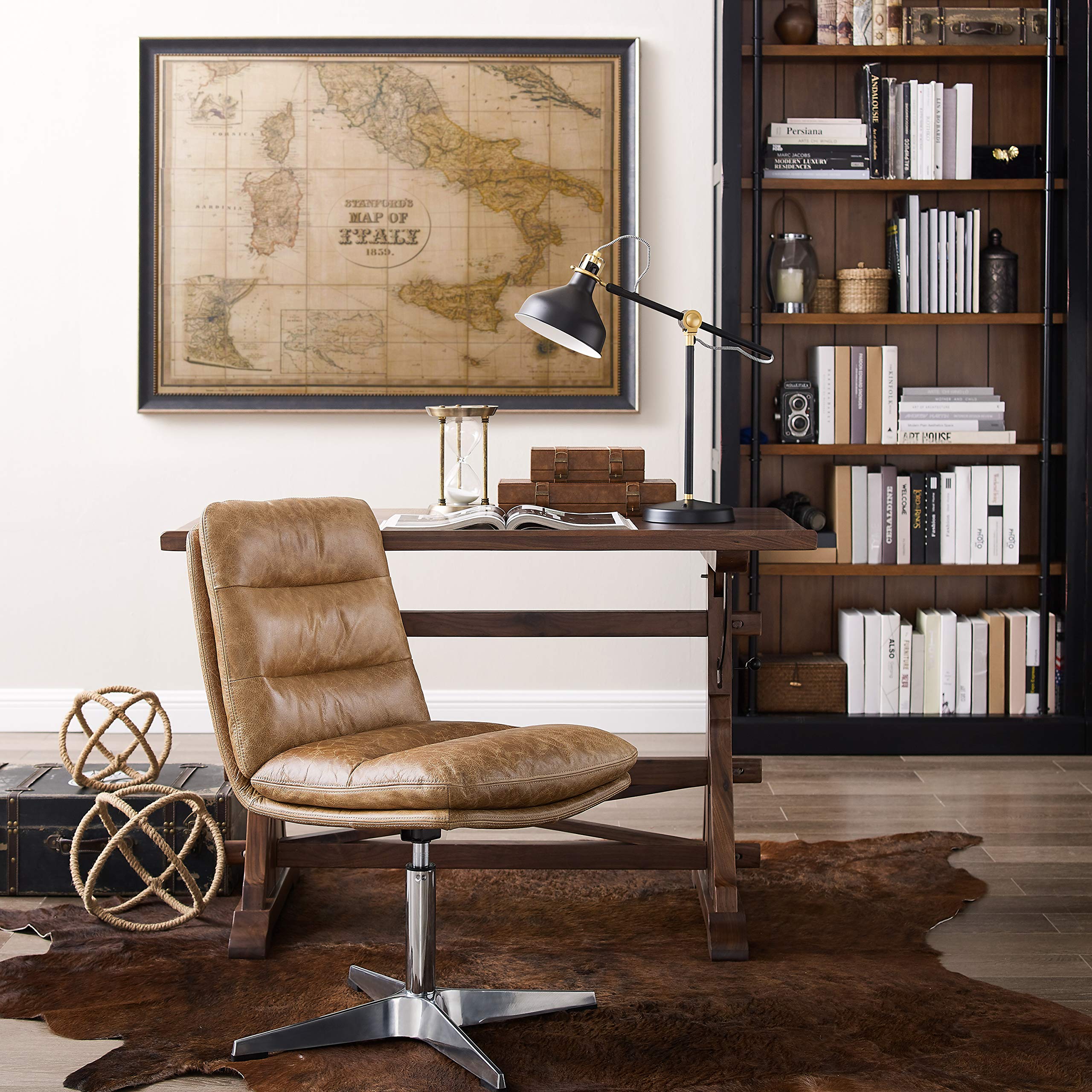 Volans Mid Century Modern Genuine Leather Swivel Home Office Desk Chair with Aluminum Alloy Base