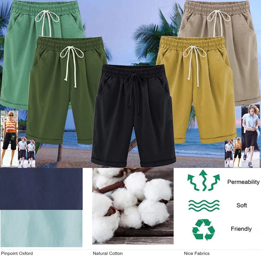XinYangNi Women's Casual Cotton Fit Curled Cuffs Summer Elastic Waist and Drawstring Hiking Shorts Army Green US 4-6