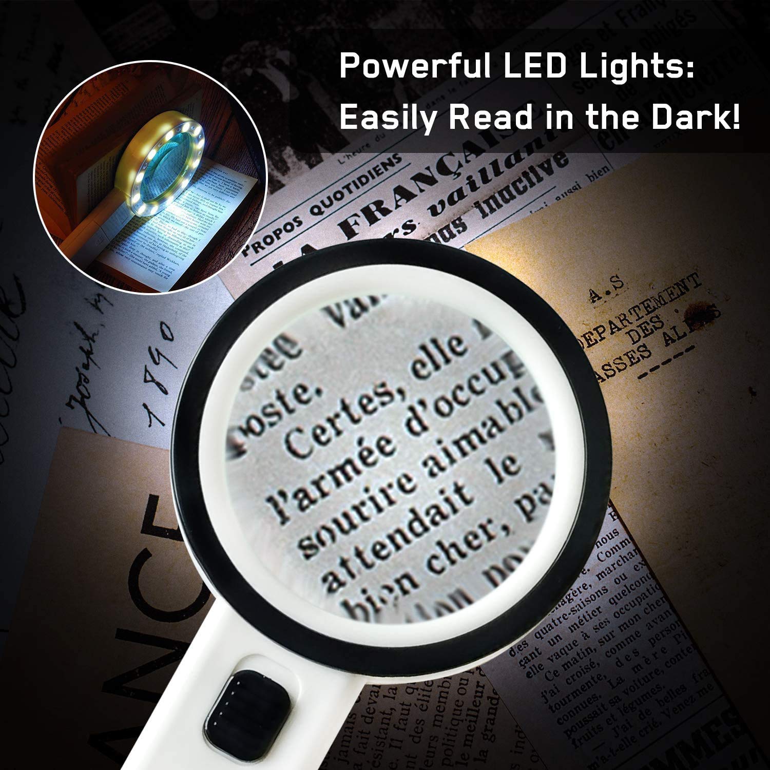 VOLANTEXRC Magnifying Glass with Light, Handheld Magnifying Glass 30X 12 LED Lighted Magnifier Illuminated Magnifying Glass for Low Vision Seniors Reading, Soldering, Inspection, RC Plane Instructions