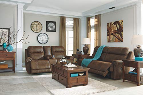 Signature Design by Ashley Austere Contemporary Double Reclining Loveseat with Nailhead Trim, Brown