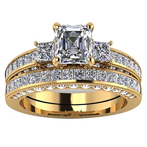 ringheart Couple Rings Three stone Yellow Gold Filled Princess cut Cz Womens Wedding Ring Sets Titanium Wedding Band