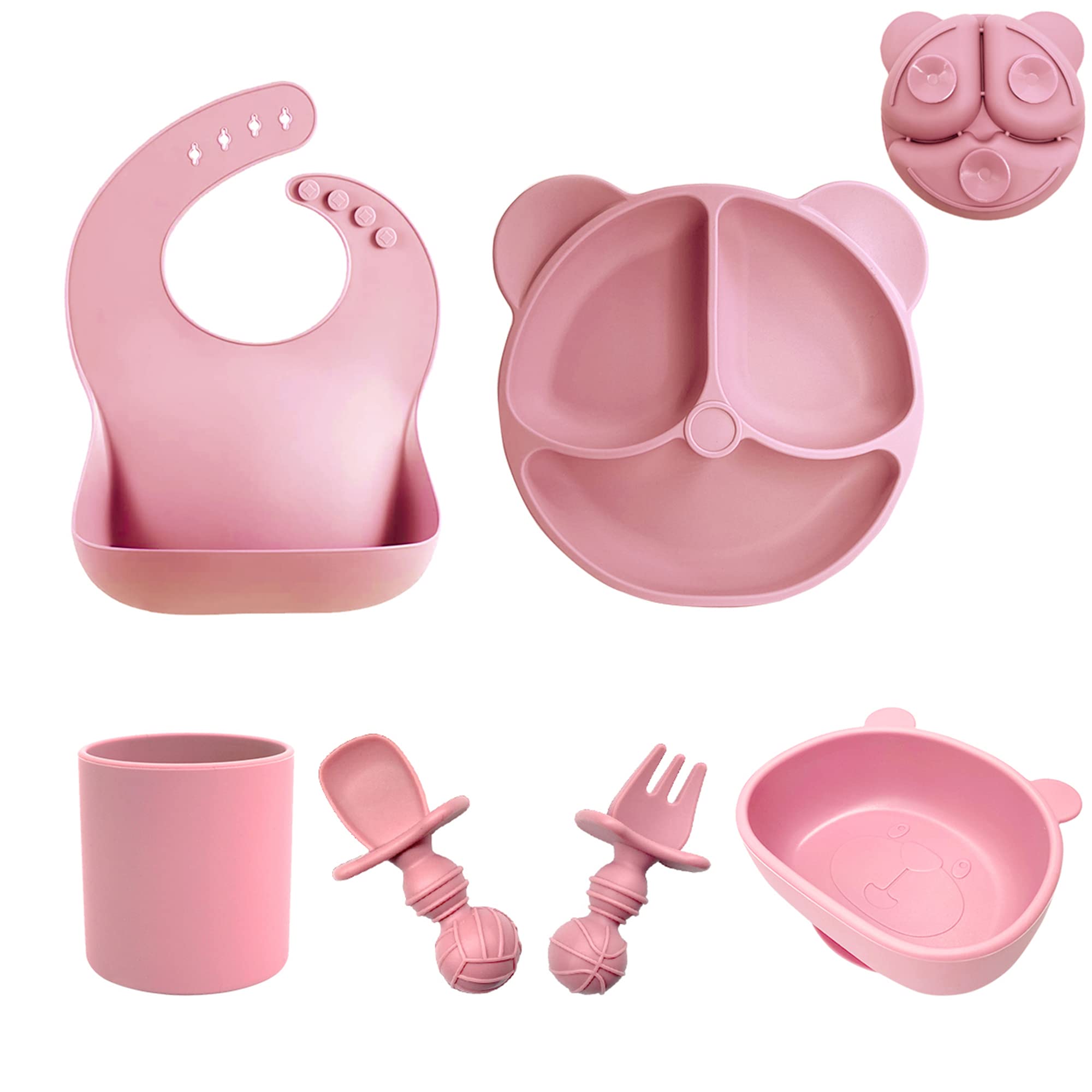 TINGGNIT 6pcs Silicone Baby Feeding Set, Silicone Bib, Toddler, Bowl, Straw Cup with Suction Baby Plate Fork&Spoon Baby Eating Supplies, Baby Plates With Suction,Baby Gifts,(Dark Pink)