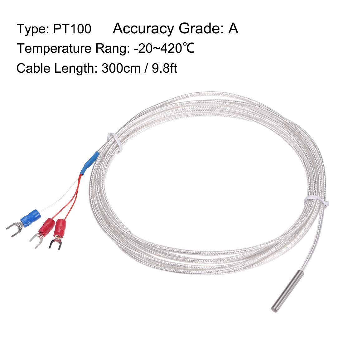 uxcell PT100 RTD Temperature Sensor Probe 3 Wires Cable Thermocouple Stainless Steel 300cm(9.8ft) (Temperature Rang: -50 to 200C)