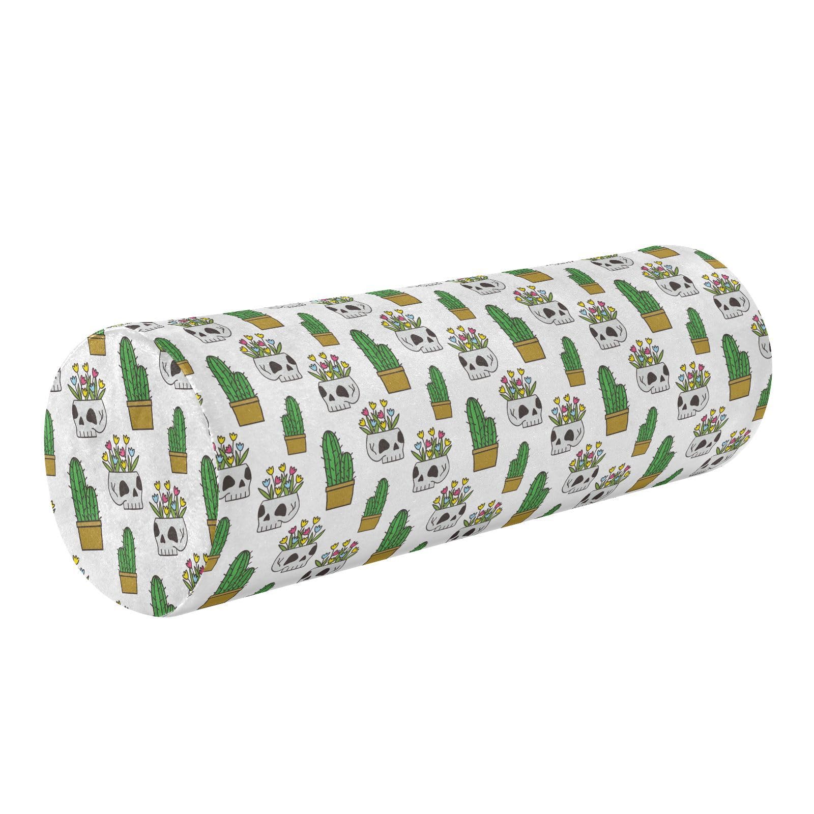 Vnurnrn Cactus Flower Skull Neck Support Pillow Round Neck Roll Bolster Cylinder Pillow Cervical Pillows Knee Pillow for Leg Knee Back Head Support for Bedroom Camp Work Women Men