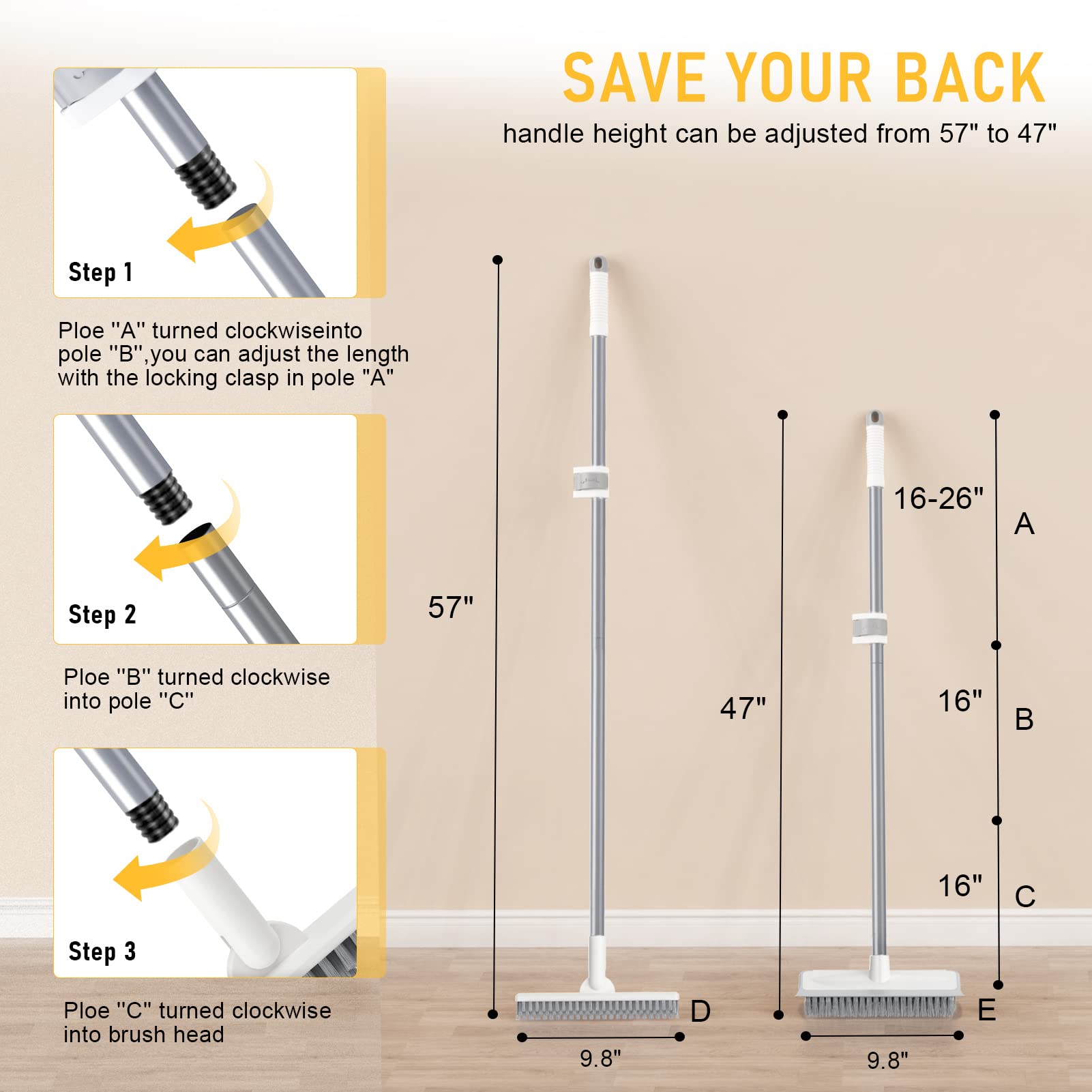 Sunally Floor Scrub Brush and Grout Scrub Brush Combo Kit with 57" Long Handle, 2 in 1 Scrape Brush Stiff Bristle, Shower Floor Scrubber, Deep Cleaning Brush Set for Multiple Scenes, Grey White