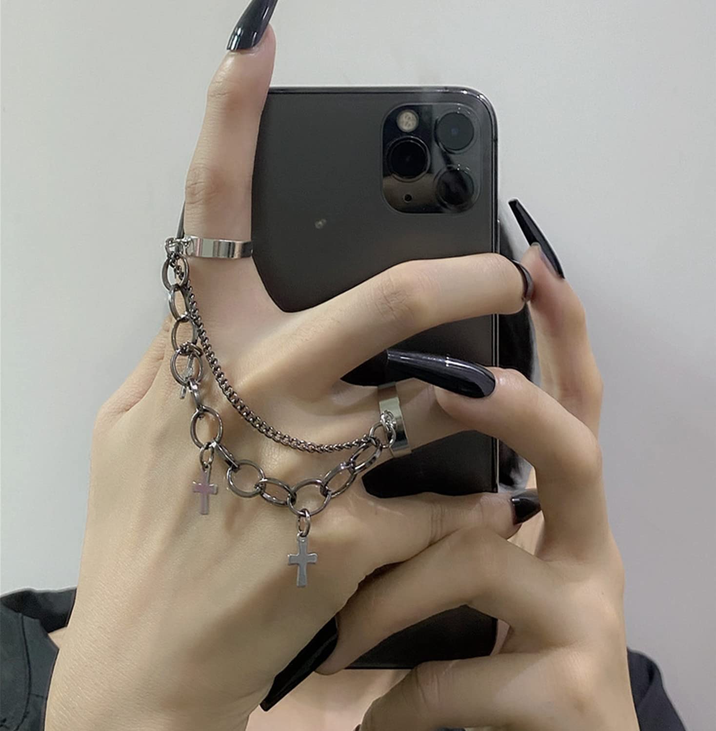Ubjuliwa Gothic Punk Chain Finger Rings Set 15Pcs Adjustable Stackable Vintage Silver Emo Rings for Women Men Cross Butterfly Knuckle Rings
