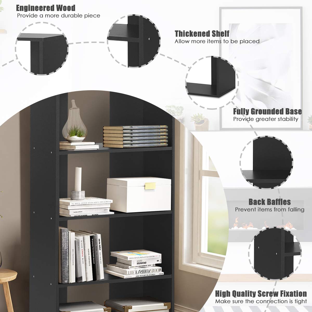 Tangkula 4-Tier Open Shelf Bookcase, Storage Bookshelf, Free Standing Open Display Bookshelf, Utility Bookshelf for Home Office, 4-Shelf Bookshelf, 24”L x 12”W x 47.5”H (Black)