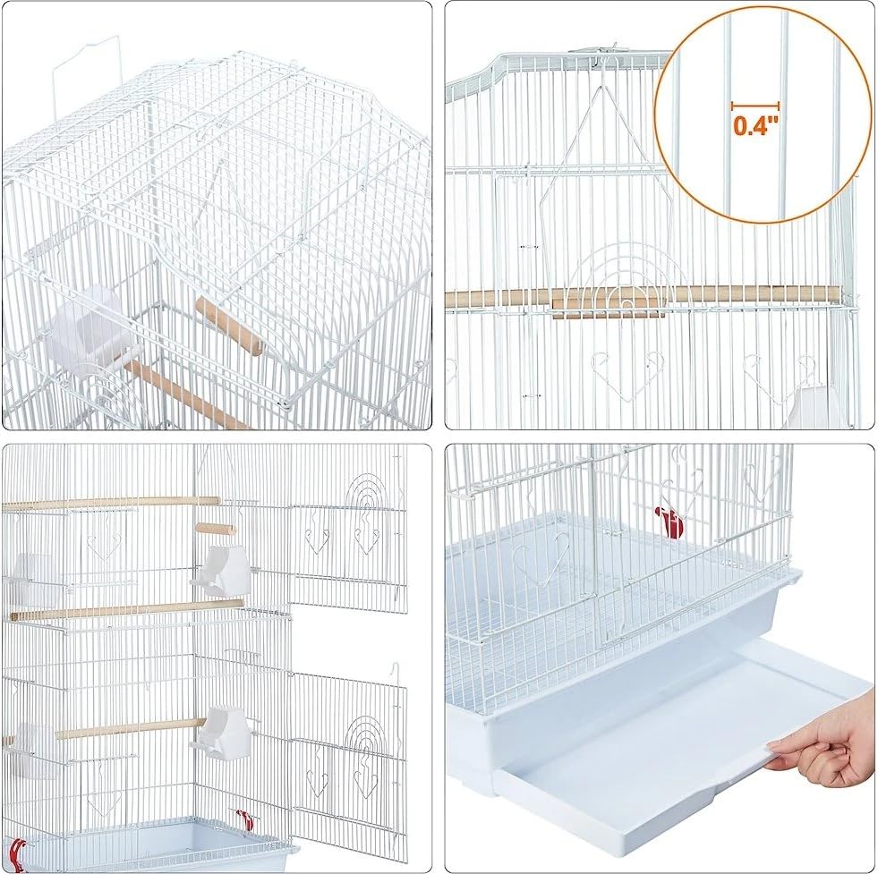 TENAS Deluxe 64-Inch Metal Bird Cage - with Open Top Design and Rolling Bracket - Premium Rust Resistant Wire - Easy-to-Clean Base - 360 Degree Rolling Casters - Convenient Slide-Out Tray (White)