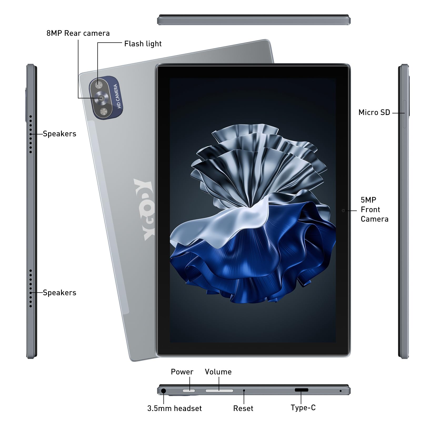 XGODY Android 12 Tablet 10 inch Tablets, T10 6GB+128GB Tablet, 512GB Expand 4 Core Android Tablet, 2.4G WiFi, 1280*800 IPS, 8000mAh Fast Charge, Bluetooth 4.2, GPS, Dual Camera, Parent control(silver)