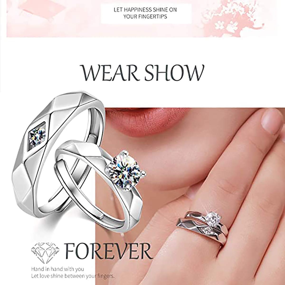 Sunamy Fashion Couple Rings for Him and Her Set,Adjustable S925 Silver CZ, Matching Promise Ring Engagement Ring Wedding Ring Anniversary Ring