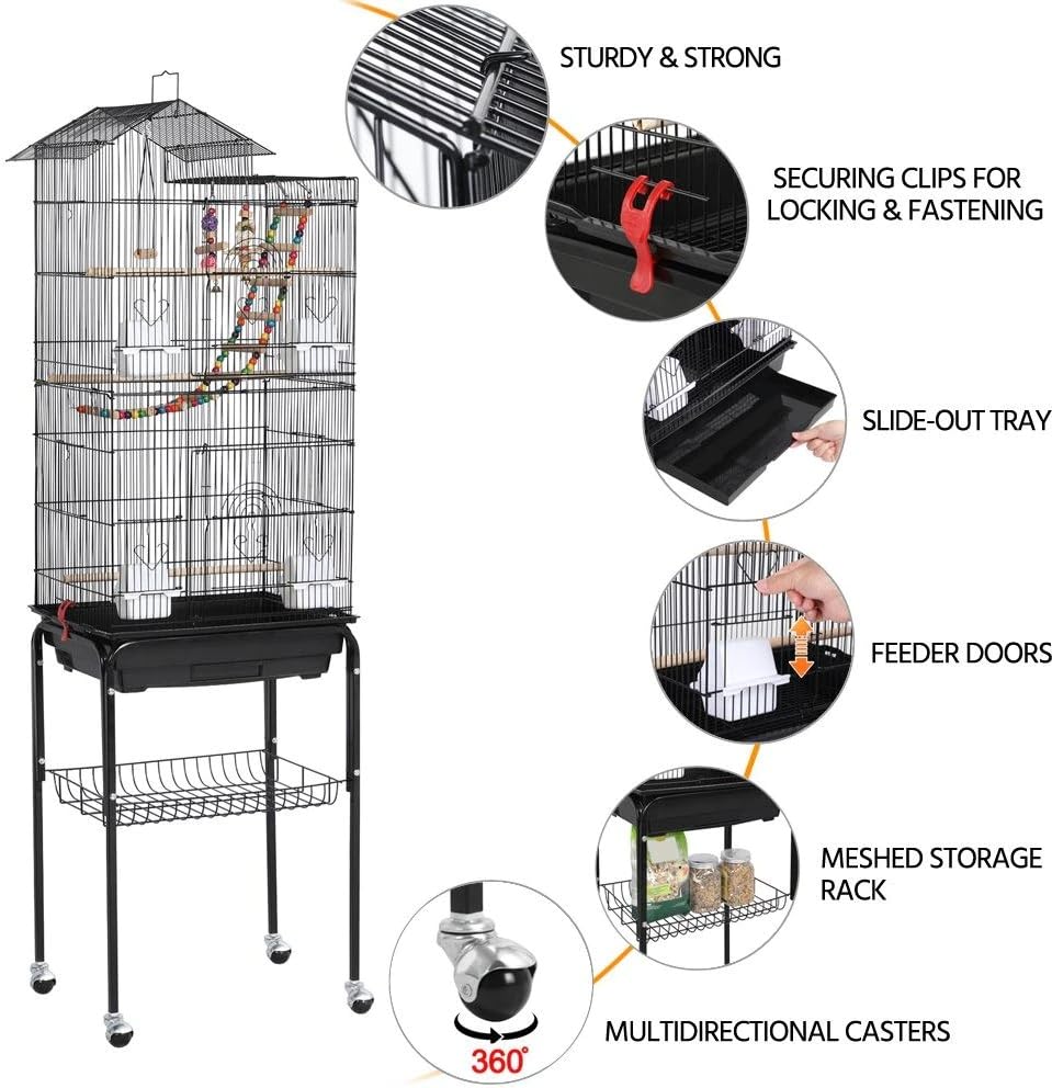 TENAS Rolling Metal Removable Bracket Bird Cage - Eco-Feeder - Wooden Perch - Swing - Removable Rolling Bracket - Easy to Handle and Store - Made of Durable Eco-Friendly Materials