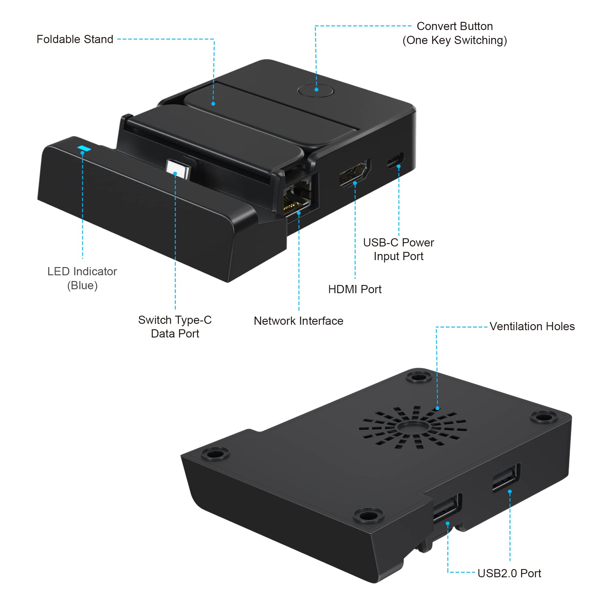 TV Dock Docking Station for Nintendo Switch OLED/Nintendo Switch, with Extra Female Ethernet Port, Foldable Portable Charging Stand, Switch to HDMI Adapter 4K 1080P, Replacement Charging Dock
