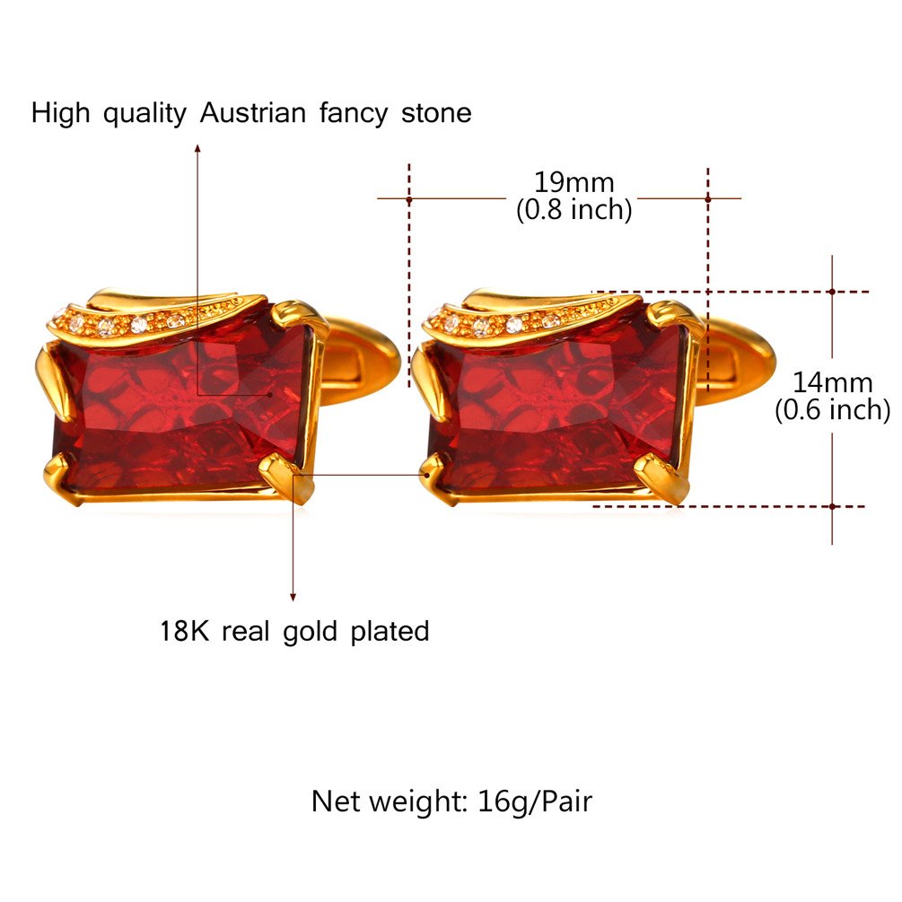 Ruby Shiny Crystal Cufflinks Elegant Style Women Men 18K Gold Plated Fancy Stone Cuff Links