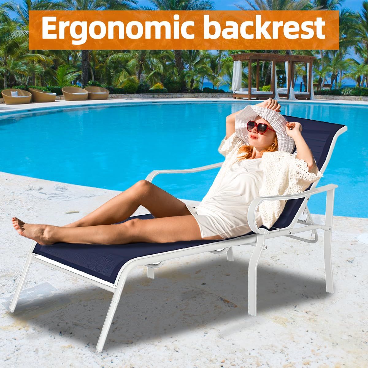 SUMELL Chaise Lounge Outdoor w/Adjustable Back in 5 Reclining Levels Sturdy Metal Frame Sunbathing Chair for Beach, Yard, Balcony, Poolside, Dark Blue