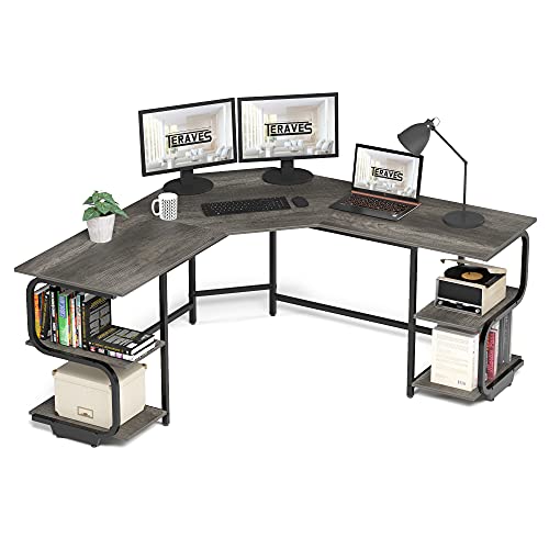 Teraves Modern L Shaped Desk with Shelves,54.21" Computer Desk/Gaming Desk for Home Office,Corner Desk with Large Desktop (Black Oak+Black Frame, Small+4 Tier Shelves)