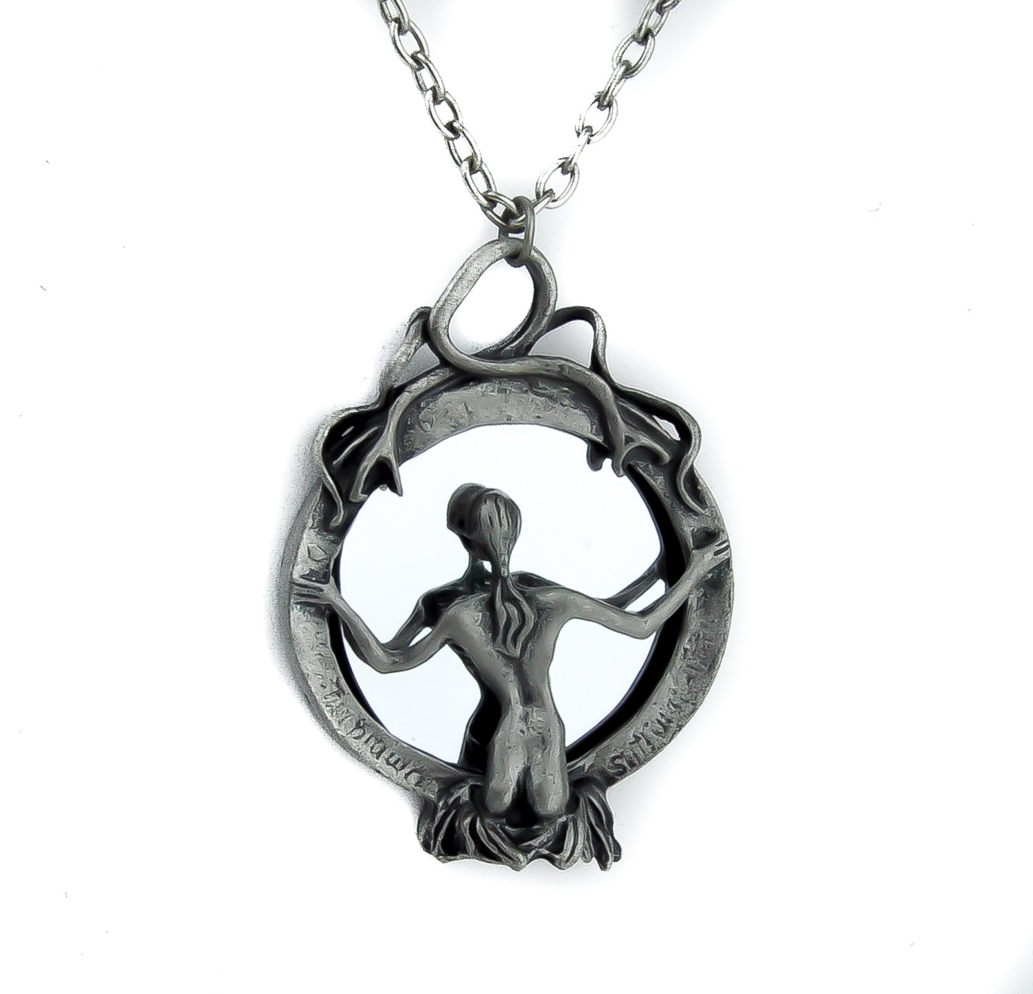 Skeleton Lady of Death Necklace Soul Reaper Looking in Mirror Pendant